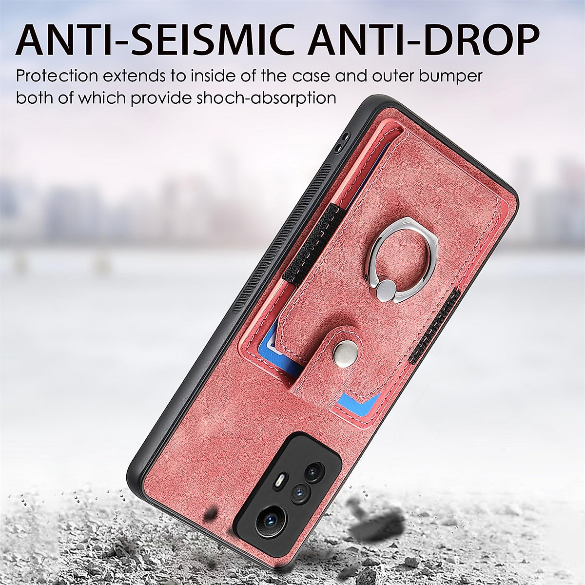 Monwutong Slim fit Wallet Phone Case for Redmi Note 12S, Portable Ring Design PU Leather Case, Safety Button and Cards Slot Cover for Redmi Note 12S,DK Pink