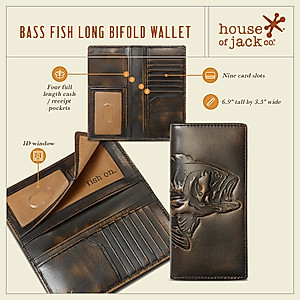 House of Jack Co. BASS FISH Long Wallet For Men | Full Grain Leather with Hand Burnished Finish | Long Bifold Wallet | Rodeo Wallet | Bass Fisherman Gift