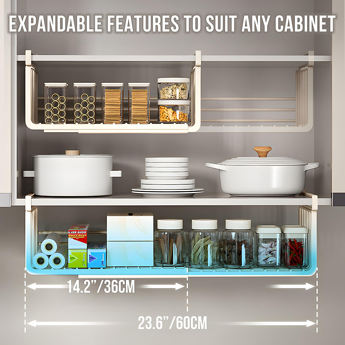 Finnhomy 2 Pack Under Cabinet Shelf Basket Organizer,Under Shelf Wire Basket Hanging Storage Baskets,Adjustable Under Cabinet Shelf,Metal Wire Rack Baskets,Adjustable from 14.2” to 23.6”,