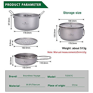 Boundless Voyage Titanium 1900mL Pot and 900mL Fry Pan Set with Steaming Rack and Lid Multifunctional Steamer Stockpot Outdoor Cooking Ultra Light Camping Cookware
