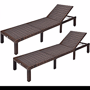 Tangkula Rattan Wicker Chaise Lounge Chair, Outdoor Patio Lounger Recliner Chair w/Adjustable Backrest, Heavy-Duty Reclining Chair Sunbed with Thick Zippered Cushion for Garden Yard Patio (2, Brown)