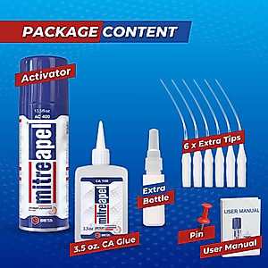 MITREAPEL Super CA Glue (3.5 oz.) with Spray Adhesive Activator (13.5 fl oz.) - Ca Glue with Activator for Wood, Plastic, Metal, Leather, Ceramic - Cyanoacrylate Glue for Crafting&Building (1 Pk)
