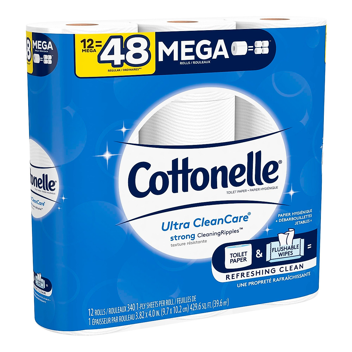 Cottonelle Ultra CleanCare Toilet Paper, 12 Mega Rolls, Strong Bath Tissue (12 Mega Rolls = 48 Regular Rolls)