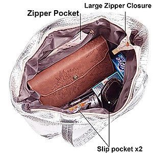 SUMGOGO Purse and Handbag for Women Crocodile Satchel Large Shoulder Tote Bag Wallets (Silver)