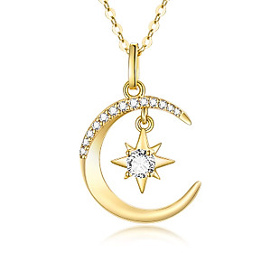 SISGEM 14k Gold Moon Necklace for Women, Real Gold Moon and North Star Pendant with Chain, Jewelry Gifts for Her, 16+1+1 Inch
