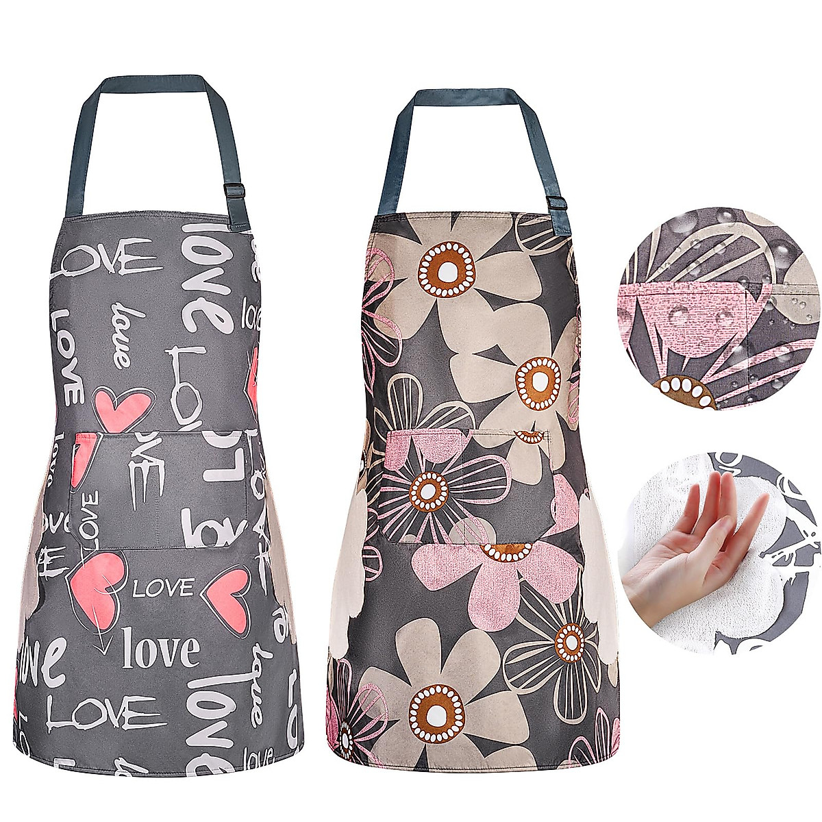 DILLMAN 2 Pack Floral Aprons with Pocket, Blooming Womens Aprons Waterproof Adjustable Cooking Aprons for Kitchen Gardening and Salon (2Pack #B)