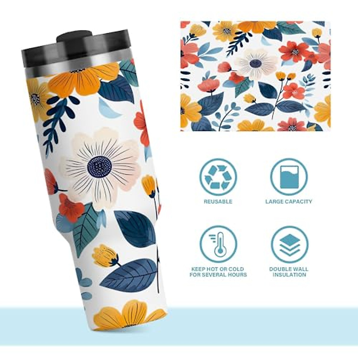 FRCSDIY Beautiful Flowers Insulated Tumbler with Handle and Straw Lid,40oz Leakproof Stainless Steel Cup BPA-Free Water Bottle