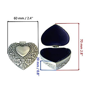 TANG SONG 2 Packs Small Metal Heart Shape Jewelry Box Classic Vintage Antique Ring Box Trinket Storage Organizer Chest (Silver)