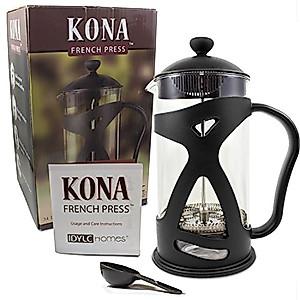 KONA French Press Coffee Press Maker With Reusable Stainless Steel Filter, Large Comfortable Handle & Glass Protecting Durable Black Shell
