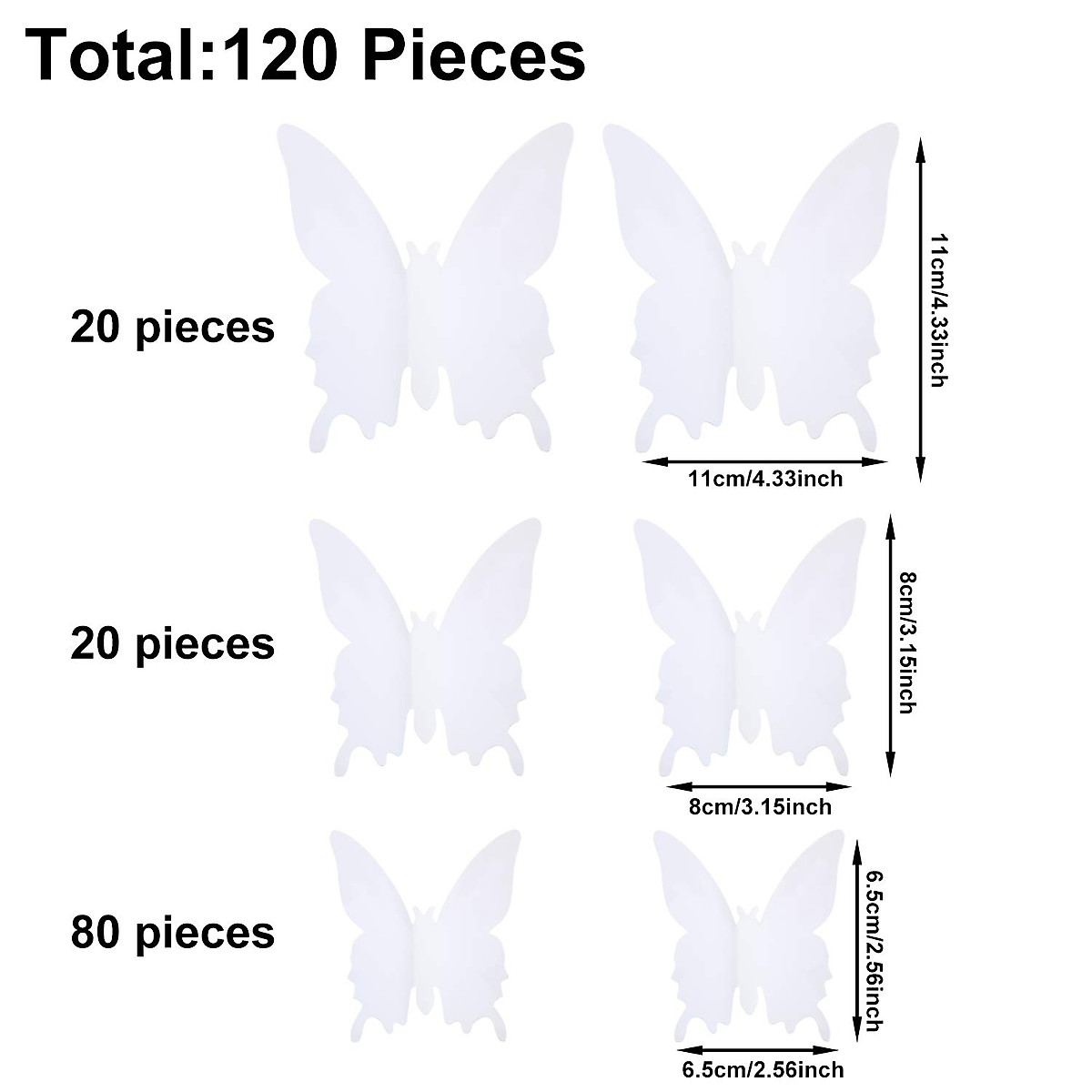 120 Pieces 3D Butterfly Wall Stickers 3 Sizes Removable Butterfly Mural Decals for Baby Kids Room Wedding Home Fridge DIY Art Decor (White)
