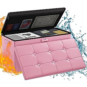ENGPOW Storage Ottoman Bench,Fireproof Folding Storage Bench with Lock,30 Inches Fire＆Water Resistant Storage Chest Foot Rest Stool Leather Bedroom Bench with Storage Safe for Document,Valuables,Pink