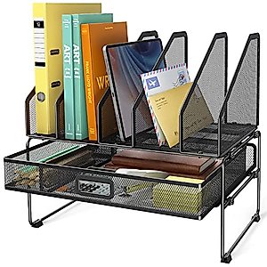 HUANUO Mesh Desk Organizer with Sliding Drawer, Desk File Organizer with Detachable Storage Sections, Desktop Organizer for Files, Books, Office Supplies, HNF02