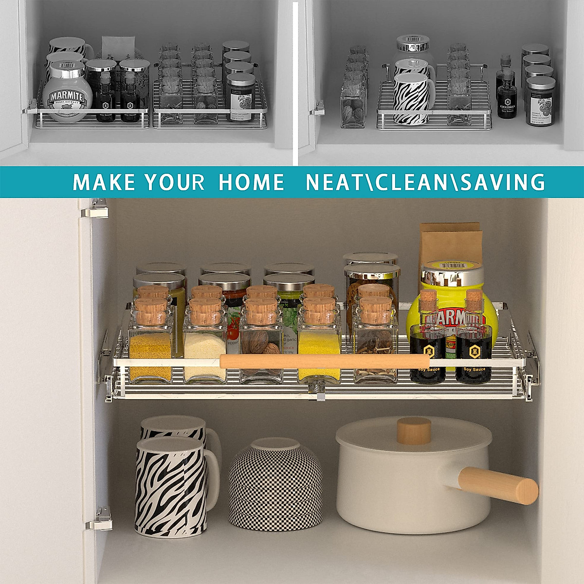 2 Pack Expandable Pull Out Cabinet Drawer Organizer, 16.3~26.3"W x 17"D Heavy Duty Cabinet Organizers and Storage,Expandable Width Cabinet Pull Out Shelves for Kitchen Cabinets, Chrome Finish (2 Pack)