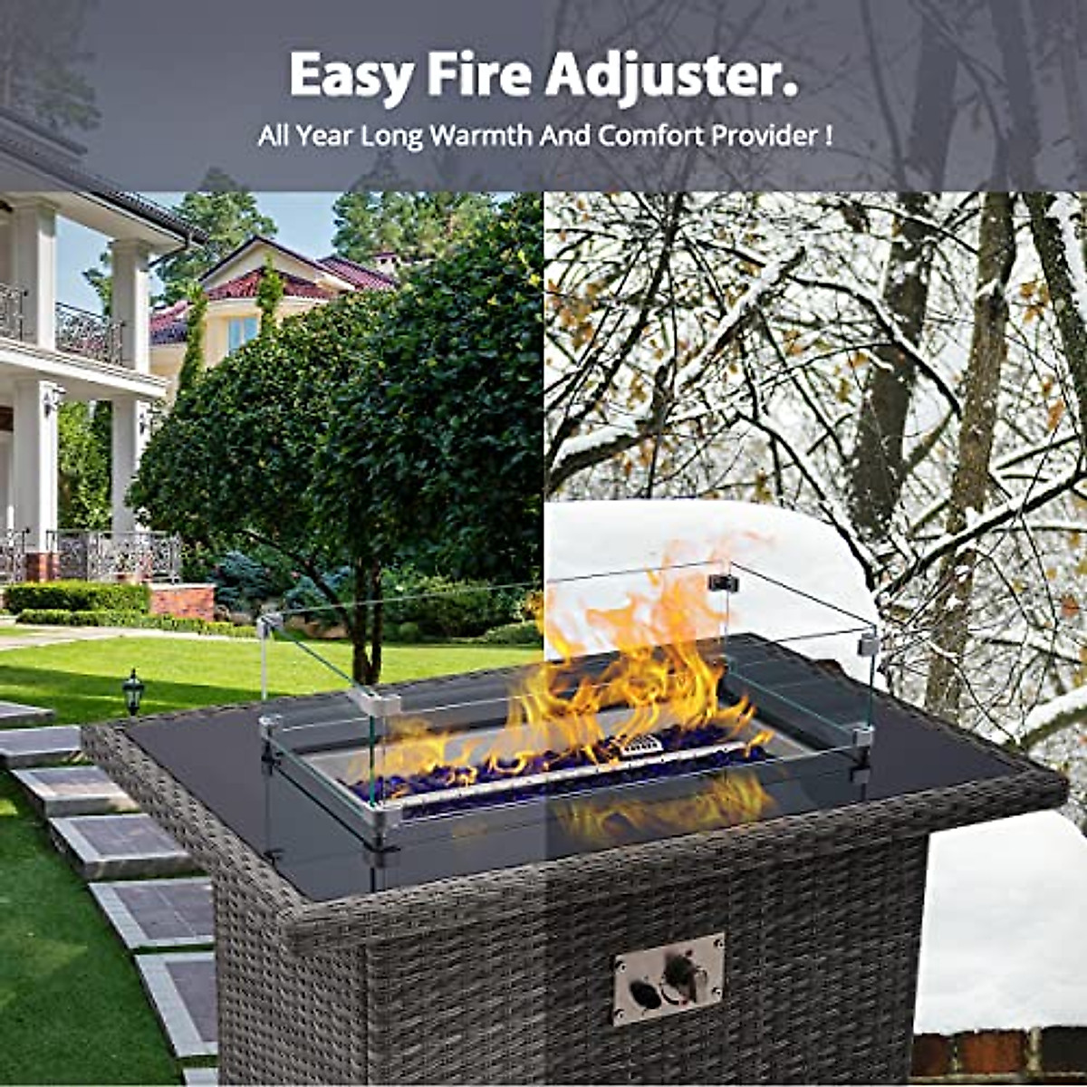 Rectangular Fire Pit Table, 40 inch Propane Fire Pit Table, PE Wicker, Fire Stone Wind Guard Rain Cover Included, Hidden Tank Holder, Black Tempered Glass Tabletop, 55,000 BTU