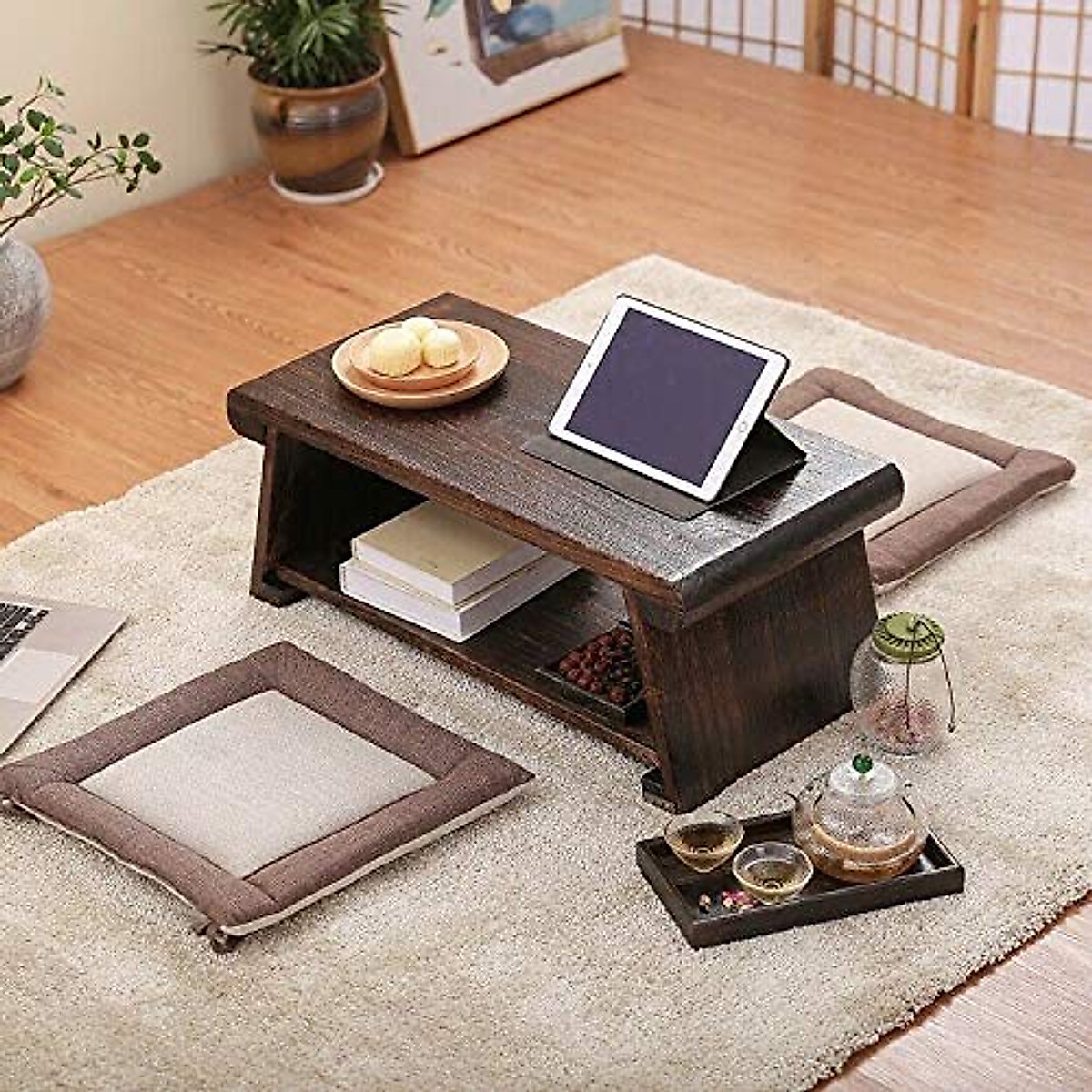 CHABUDAI Japanese Antique Tea Table Folding Legs Asian Floor Low Tea Table Wood (Middle: 68x35x28cm, ONE)