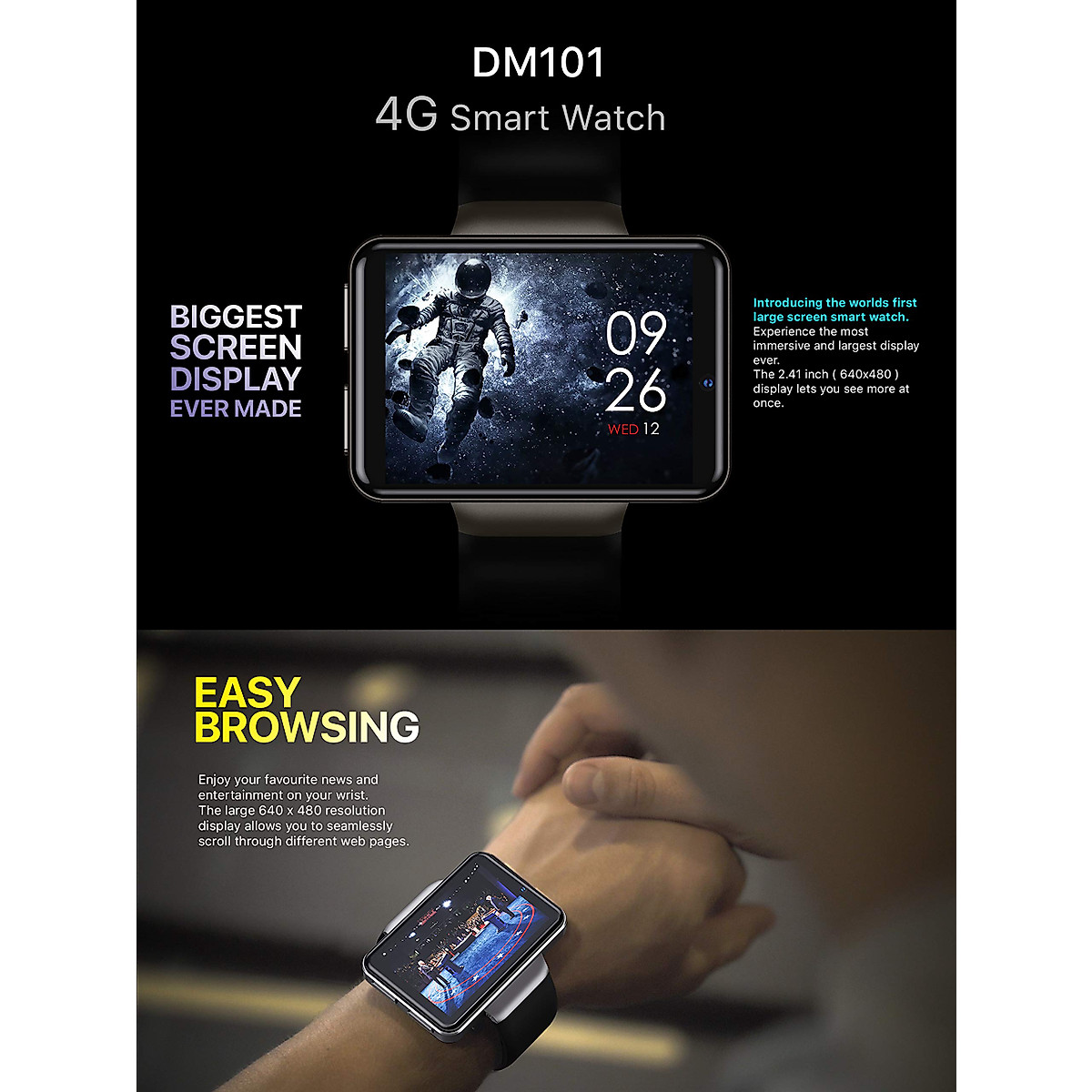 Rainbuvvy DM101 4G Smart Watch for Men 2.41" Display Android 7.1 1GB RAM 16GB ROM 2080mAh Watch Phone with Face ID Dual Camera Bluetooth GPS IP67 Waterproof Smartwatch (Black - 1GB+16GB)