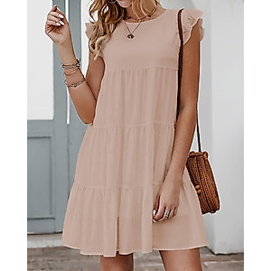 KIRUNDO Women's Summer Dresses 2024 Sleeveless Ruffle Sleeve Round Neck Solid Loose Short Flowy Pleated Mini Babydoll Dress, Apricot, Medium