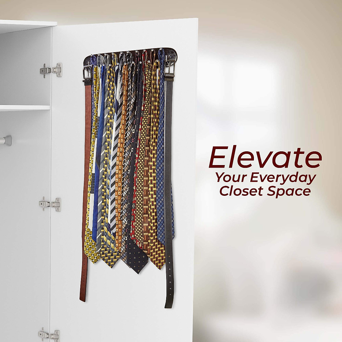 Richards Homewares Wall Mounted Tie, Belt and Scarf Hanger, Holds Up to 21-Ties, Natural Wood