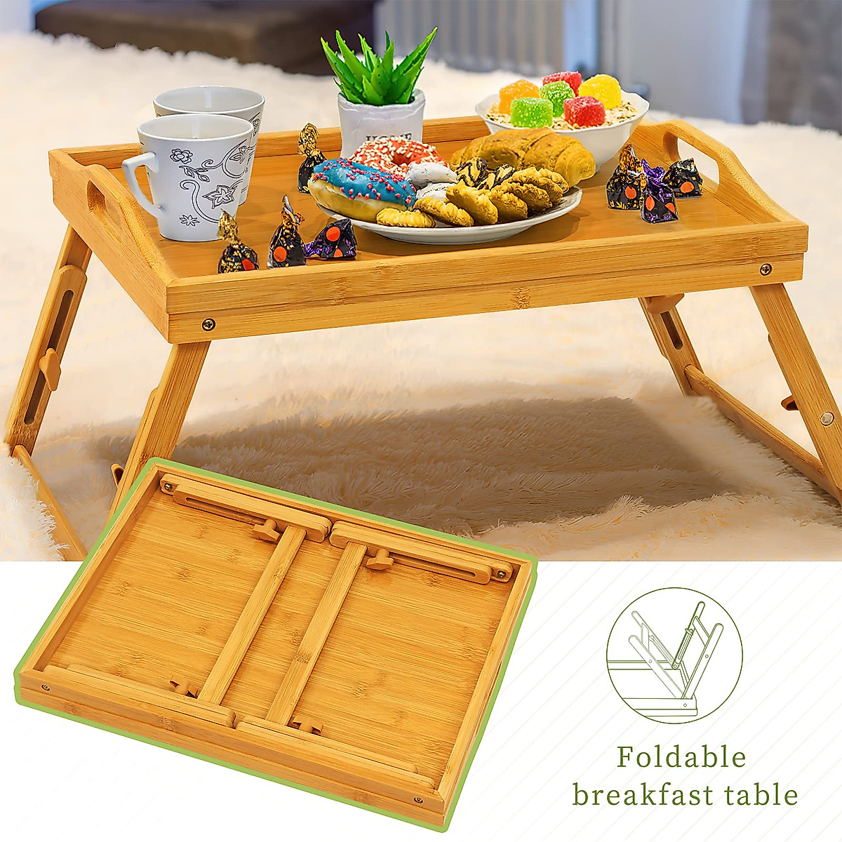 2 Pack Breakfast Bed Tray for Eating - Raised Food Table Up to 9.5" on Lap Sofa - Adjustable Bamboo Serving Tray - Portable Snack Platter with Folding Legs Ideal for Bedroom Picnic