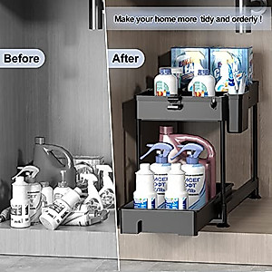 SODPE Bathroom Cabinet Organizer, 2 Tier Under Sink Organizer, Sliding Kitchen Basket Organizer Drawer, Multi-purpose Storage Shelf for Kitchen Countertop and Cabinet with Hooks, Hanging Cup, Divider