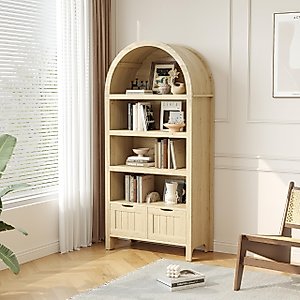 cosimates 65" Tall Arched Bookcase, 4-Tier Arched Cabinet with 2 Drawers and Shelves, Arched Bookshelf with Storage,for Living Room, (Oak)