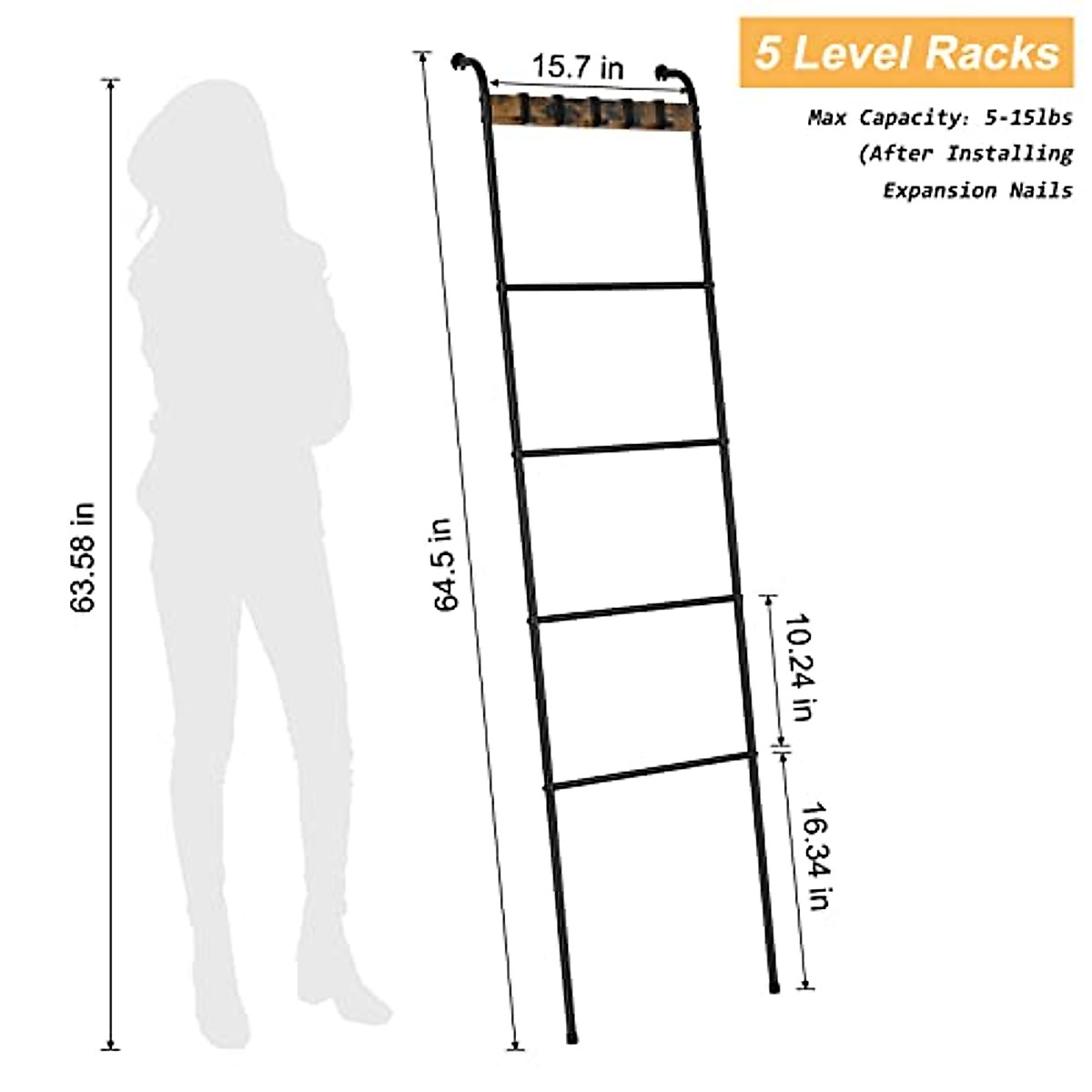 Blanket Ladder Towel Ladder for The Living Room Wall-Leaning Quilt Ladder with 5 Removable Hooks Farmhouse Decorative Bathroom Blanket Ladder Black Towel Rack for Laundry Room Outdoor Pool，Black