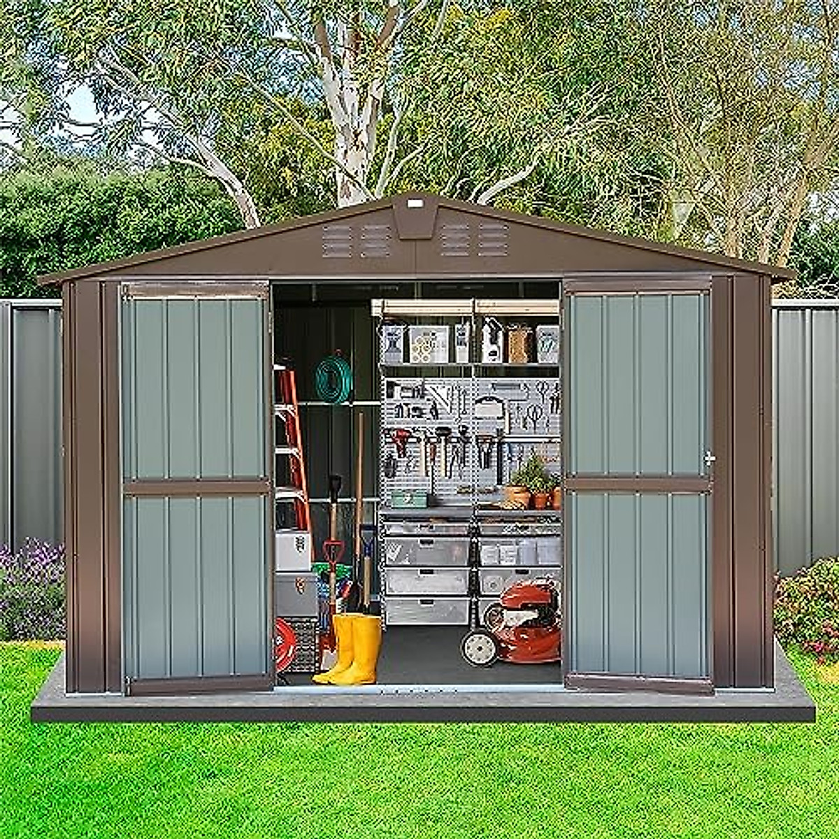 UBGO Large Metal Storage Shed,10x8ft Sheds & Outdoor Storage,Patio Storage Cabinet with Lockable Door,Tool Cabinet with Vents Steel Garden Tool Shed for Patio,Lawn to Store Bikes,Tools,Lawnmowers,Gray