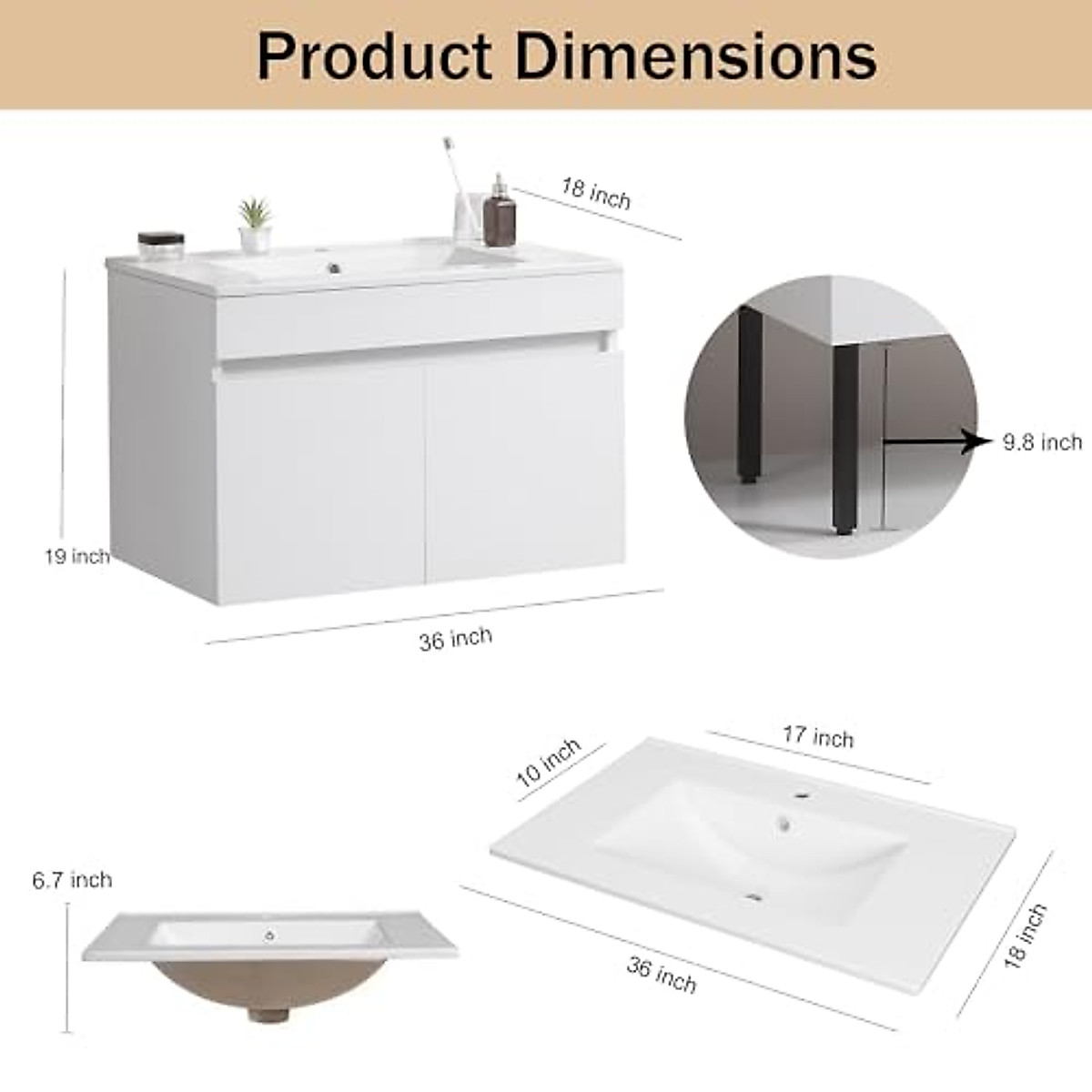 QuixotYDDZ 36 Inch Bathroom Vanity, Modern Freestanding Bathroom Vanity Cabinet with Ceramic Vessel Sink, Rubber Wood Bathroom Storage Cabinet with Top Basin and Metal Legs, White(No Faucets)