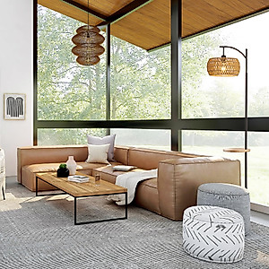 Feohak Boho Floor Lamp, Rattan Floor Lamp with Shelf, Bohemian Bamboo Wicker Coastal Rustic Farmhouse Woven Tropical Wood Tall Standing Lamp with Table for Living Room Bedroom