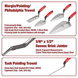 Goldblatt 12PC Masonry Hand Tool Set Organized in Tool Bag - Philadelphia/Pointing/Margin/Tuck Pointing Trowel, Skate Wheel Joint Raker, Convex Brick Jointer, String Line & Jag-clamp, Masonry Brush