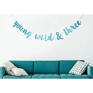 Young Wild and Three Banner -Blue Glitter Happy 3rd Birthday Party Decoration Bunting Photo Props，Children's Birthday Party Supplies