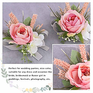 Campsis Set of 2 Wedding Bridal Handmade Flower Wrist Corsage Pink Ribbon Leaves Bride Wristlet Bridal Bridesmaid Hand Flower Prom Party Beach Photography