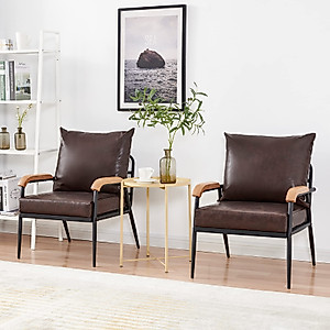 CLIPOP Mid Century Modern Accent Chair, Single Sofa with Removable Backrest and Cushion, Upholstered Faux Leather Armchair with Solid Wood Armrest Metal Frame Easy-Assembly, 24" W, Dark Brwon