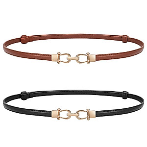 WERFORU 2 Pack Women Skinny Belt for Dress,Thin Waist Belt - Adjustable Leather Belt with Gold Buckle, Brown+Black, Fit Waist Size below 37 Inches-