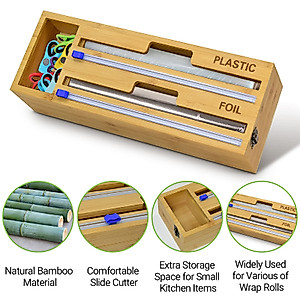 Bamboo Aluminum Foil Dispenser with Cutter, Foil and Plastic Organizer for Drawer, Plastic Wrap Dispenser with Cutter for Kitchen Drawer and Cabinet Organizer, Foil Organization and Storage Holder 1