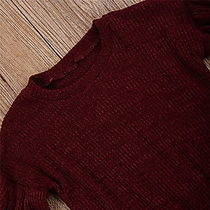 Toddler Baby Girl Knitted Sweater Kid Lentern Sleeve Ruffle Warm Spring Fall Winter Pullover Tops Outfits (Wine Red, 2-3T)