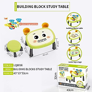 la-belle-vie 6-in-1 Activity Table for Kids, Sand/Water Table for Toddlers 1-3, Kids Table and Chair Set with Storage, 70 pcs Marble Run Building Blocks Classic Big Blocks (Green)