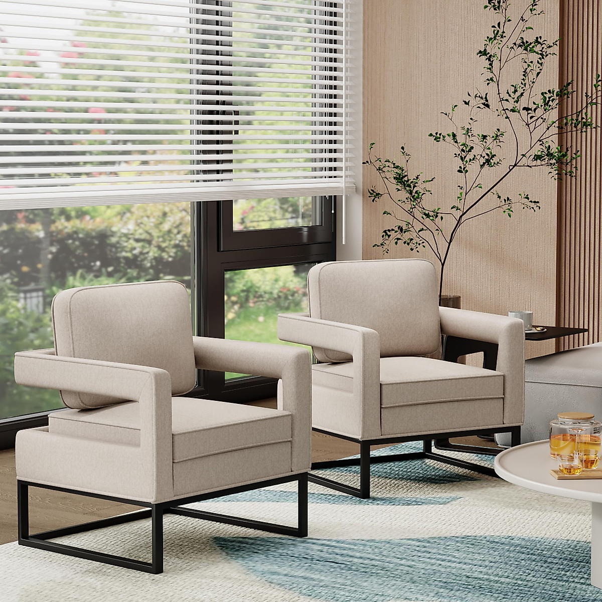 Alunaune Modern Accent Chair Living Room Chairs, Mid Century Armchair Upholstered Backrest Lounge Chair Removable Seat Cushion Sofa Reception Chair for Bedroom-Beige