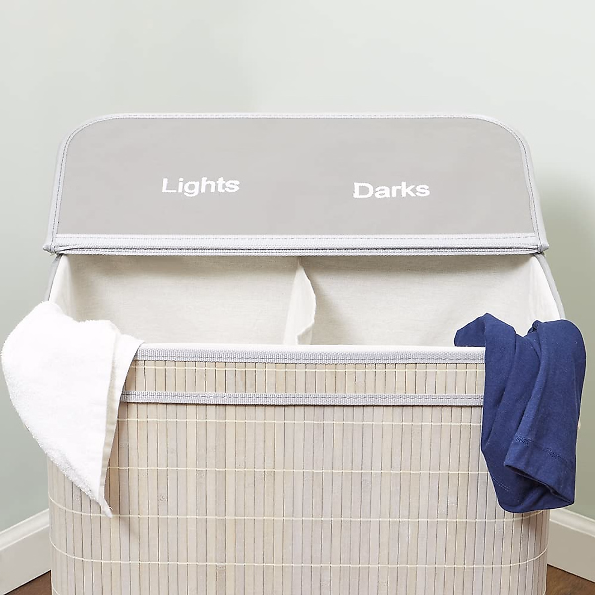 Home Basics 2 Compartment Foldable Rectangle Bamboo Hamper with Liner (Grey)