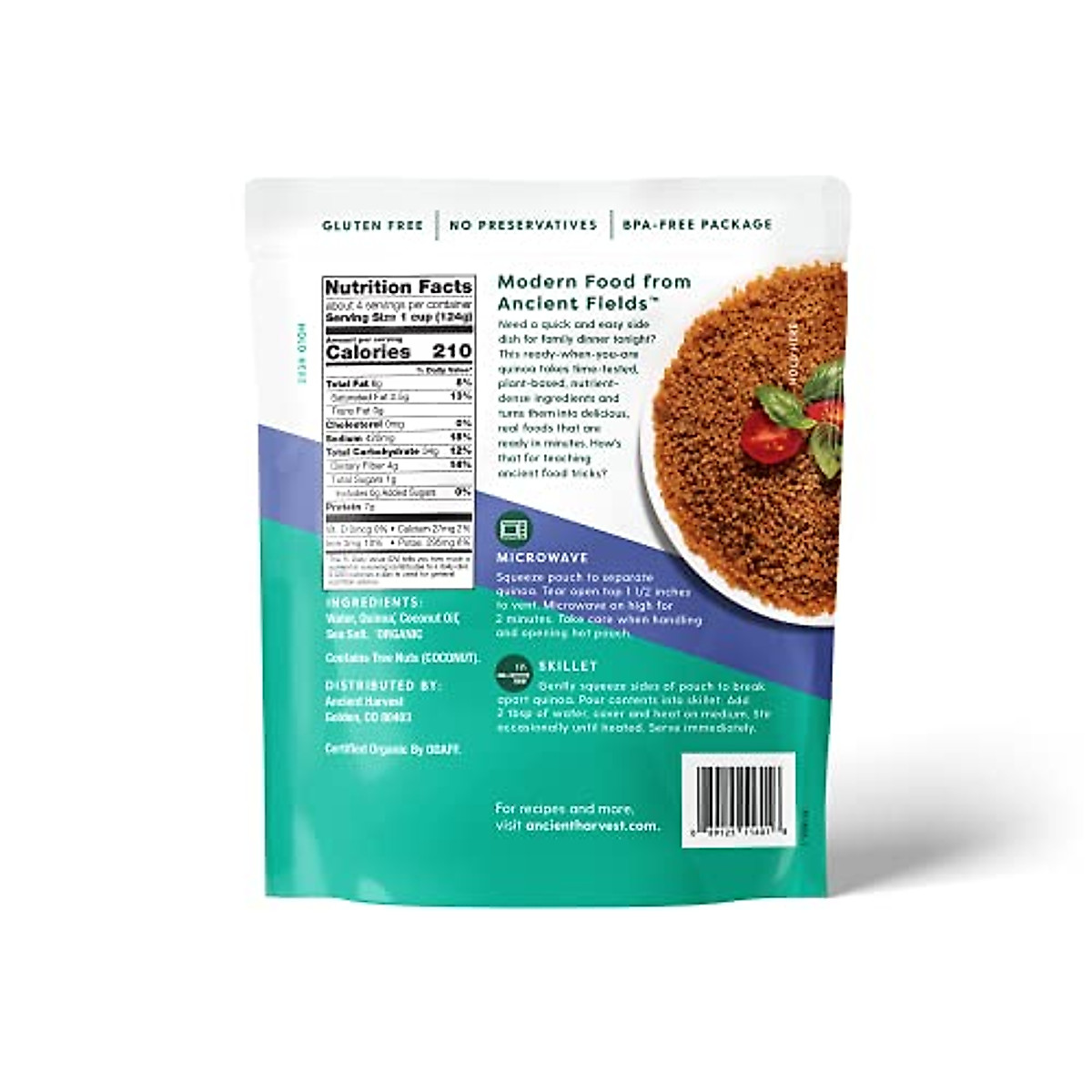 Ancient Harvest Microwavable Quinoa Sea Salt, USDA Organic, Non-GMO ingredients, Ready to Eat, Vegan Plant Based Protein, Gluten-Free, No Refrigeration Required, Family Size 16oz (Pack of 6)