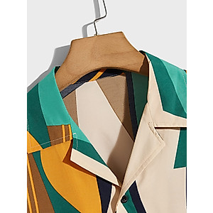 OYOANGLE Men's Casual Geo Graphic Print Short Sleeve Button Down Shirt Top Beach Shirts Green and White S