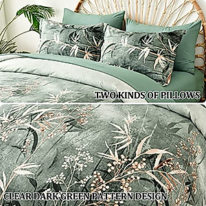 Dinjoy Botanical Comforter Set Queen 7 Pieces Bed in A Bag Dark Green Bamboo Leaves Comforter Set Soft Microfiber Queen Green Omber Comforter with Sheet (7 PCS Queen Comforter,Green)