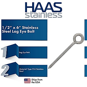1/2" x 6" Stainless Steel Screw Eye - Heavy-Duty Lag Screws for Secure Installations, DIY Projects, Hanging and Anchoring