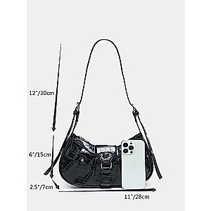 SweatyRocks Women's Buckle Leather Crocodile Embossed Zipper Handbag Shoulder Bag with Adjustable Strap Black one-size