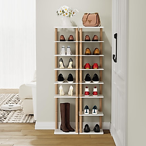 NUTMAK 8 Tiers Narrow Shoe Rack, Wooden Shoe Organizer for Closet Front Door Entrance Entryway, Space Saving Tall Storage Rack, Free Standing Vertical Shoe Shelf for Small Spaces White.