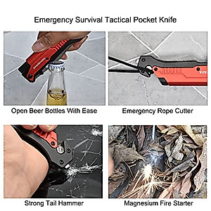 SHUBHADA Damascus Steel Folding Pocket Knives Multi Function Emergency Tool Knives Led Light Magnesium fire starter Seatbelt cutter Glass breaker Bottle opener (Red)