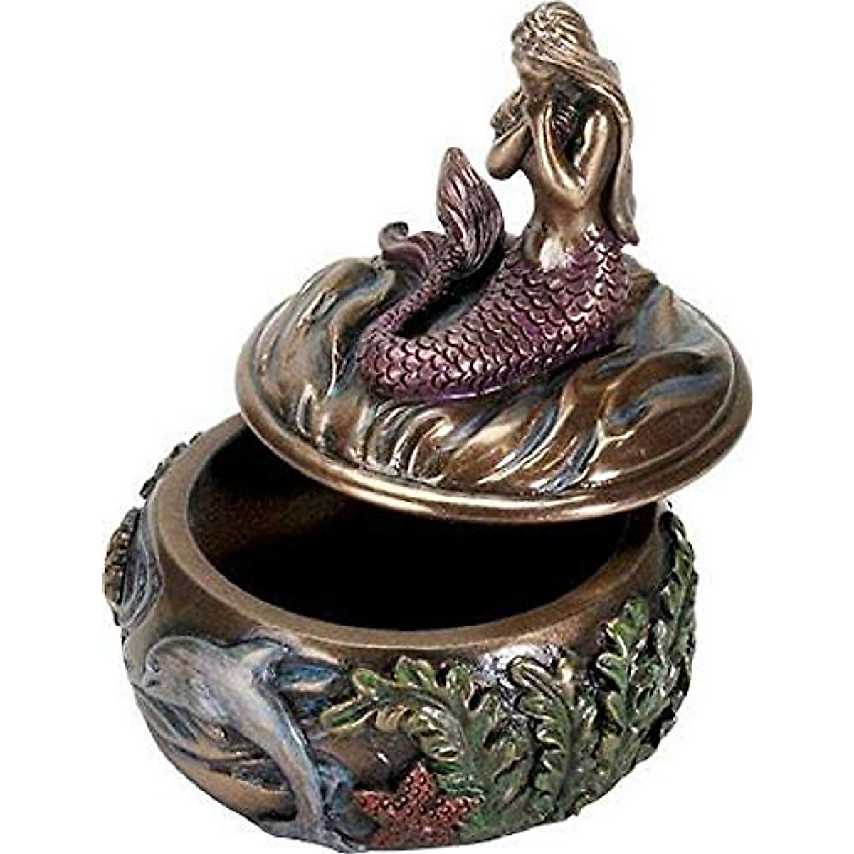SUMMIT COLLECTION Decorative Art Nouveau Style Sirens of The Sea Mermaid Holding Hand Over Chest Praying Mermaid Fantasy Resin Jewelry Trinket Box 3.25 Inch Tall Faux Bronze