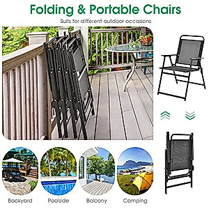 Tangkula Outdoor Folding Chairs Set of 6, Patio Dining Chairs with Breathable Seat & Cozy Armrests, Heavy-Duty Metal Frame, Portable Lawn Chairs for Backyard, Porch, Camping (6, Black)