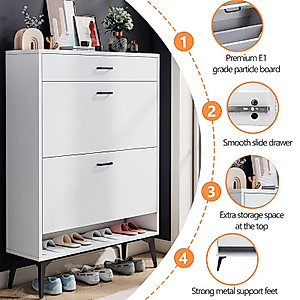 Hosnnile Shoe Cabinet with 1 Slide Drawer & 2 Flip Drawers, Freestanding Shoes Rack Storage Organizer with Metal Legs for Entryway Hallway Bedroom Mudroom (White)