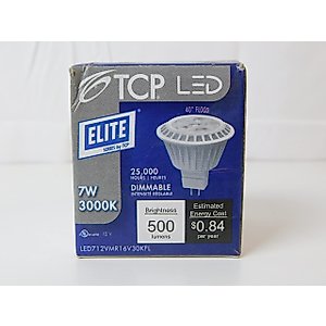TCP LED712VMR16V30KFL MR16 LED Lamp 7 Watt 2-Pin GU5.3 Base 500 Lumens 82 CRI 3000K Halogen White Elite